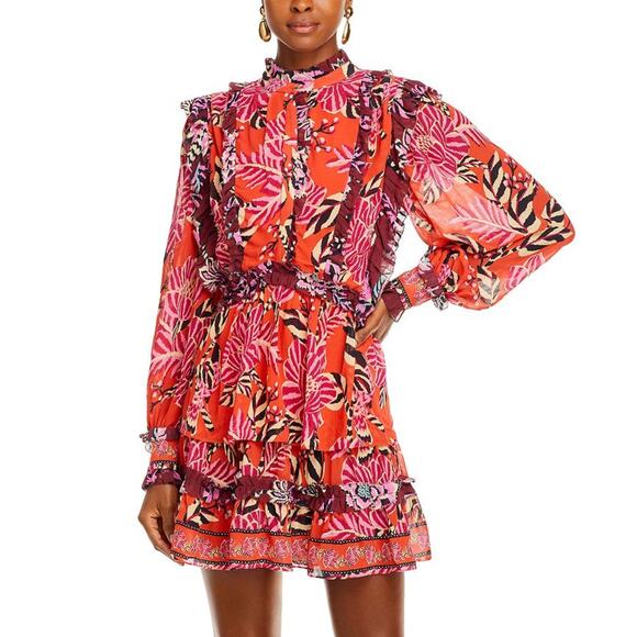 FARM Rio | Dresses | Farm Rio Ruffled Mini Dress Floral Red Long ...